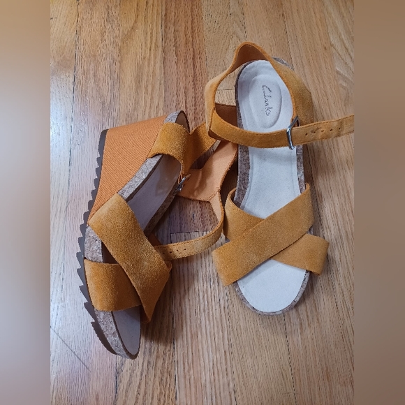 Clarks | Shoes | Clarks Flex Sun Suede Orange Wedge Platform Sandals ...